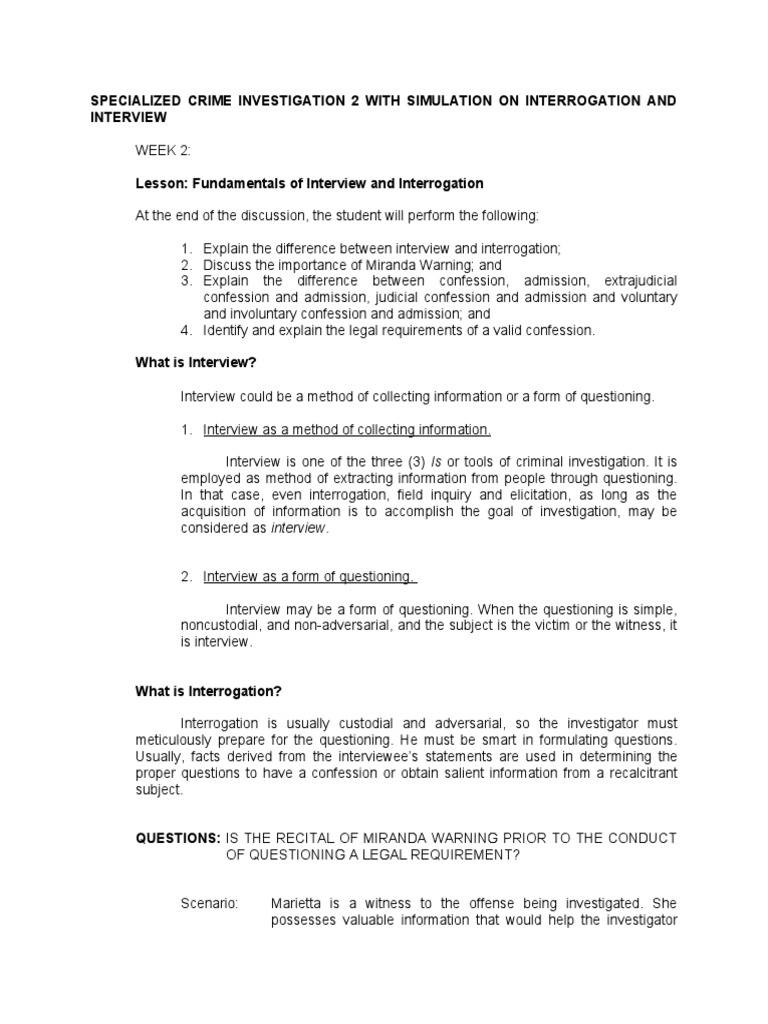 Week 2 Lesson Fundamentals of Interview and Interrogation | PDF ...