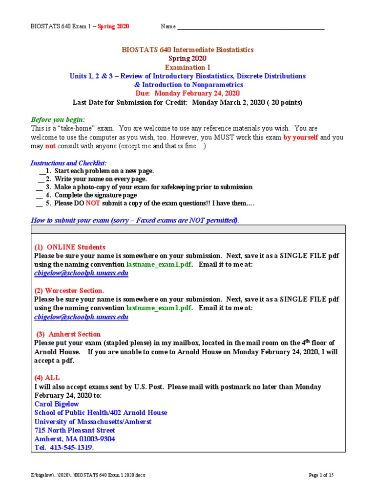 Biostats 640 Exam I 2020 | PDF | Type I And Type Ii Errors | Statistical Significance