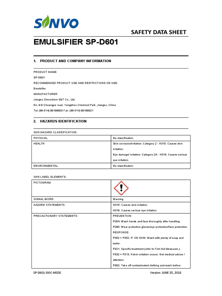 SP-D601 Emulsifier Safety Data Sheet | PDF | Dangerous Goods | Personal ...
