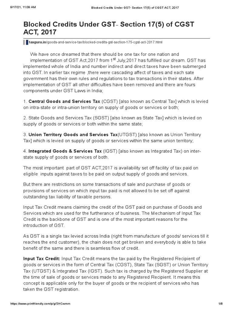Blocked Credits Under GST Section 17 (5) of CGST ACT, 2017 | PDF ...