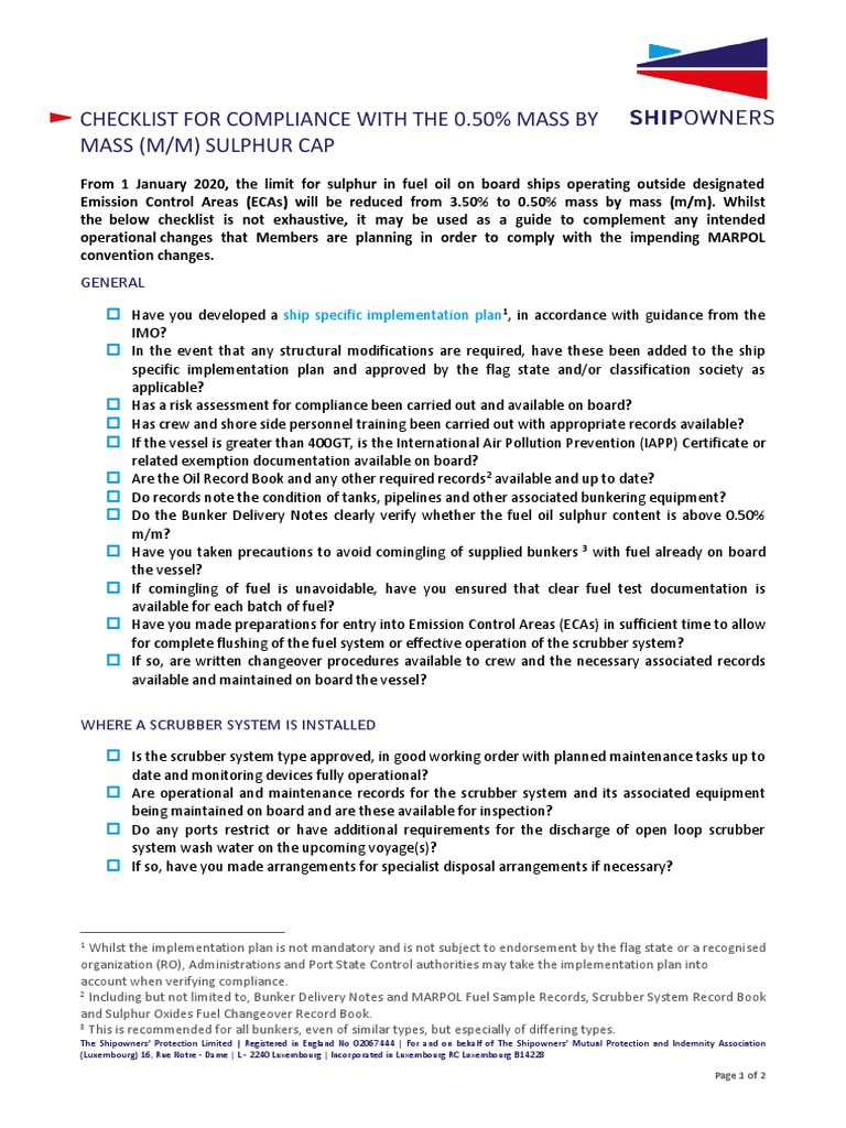 Checklist For Compliance With The 0 50 Mass by Mass MM Sulphur Cap ...