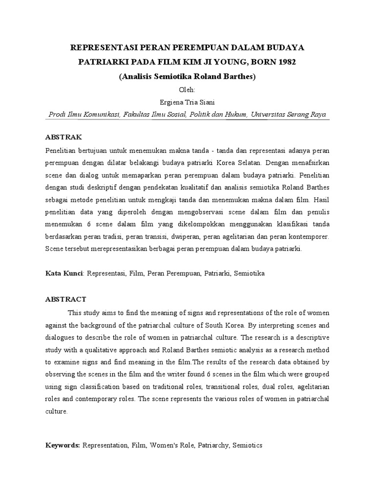 Jurnal Representasi Peran Perempuan Dalam Budaya Patriarki Pada Film Kim Ji Young | PDF