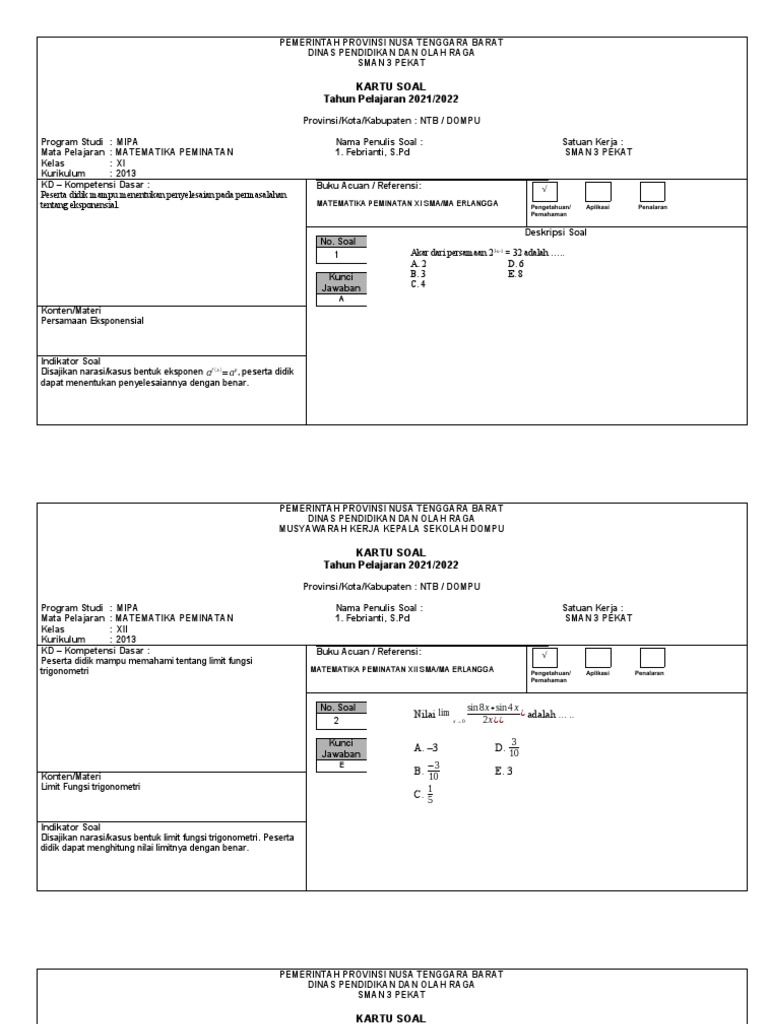 Kartu Soal Matematika Peminatan | PDF