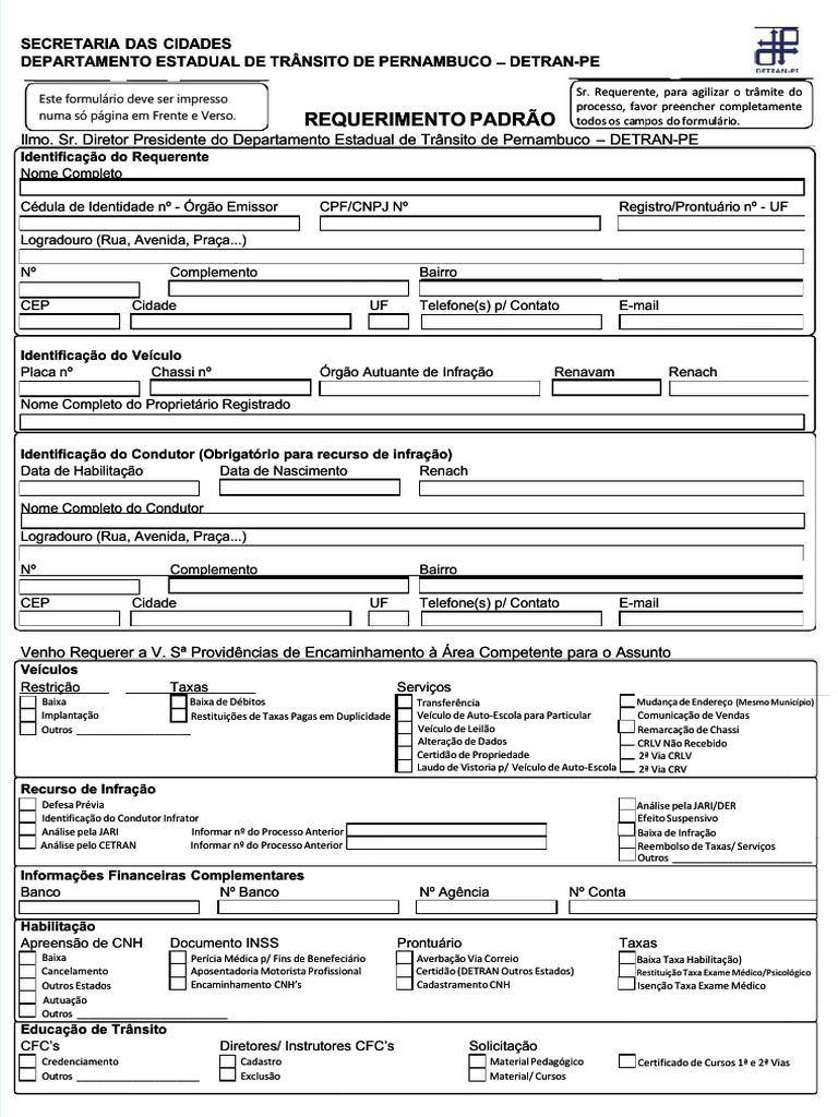 Requerimento padrão DETRAN-PE | PDF
