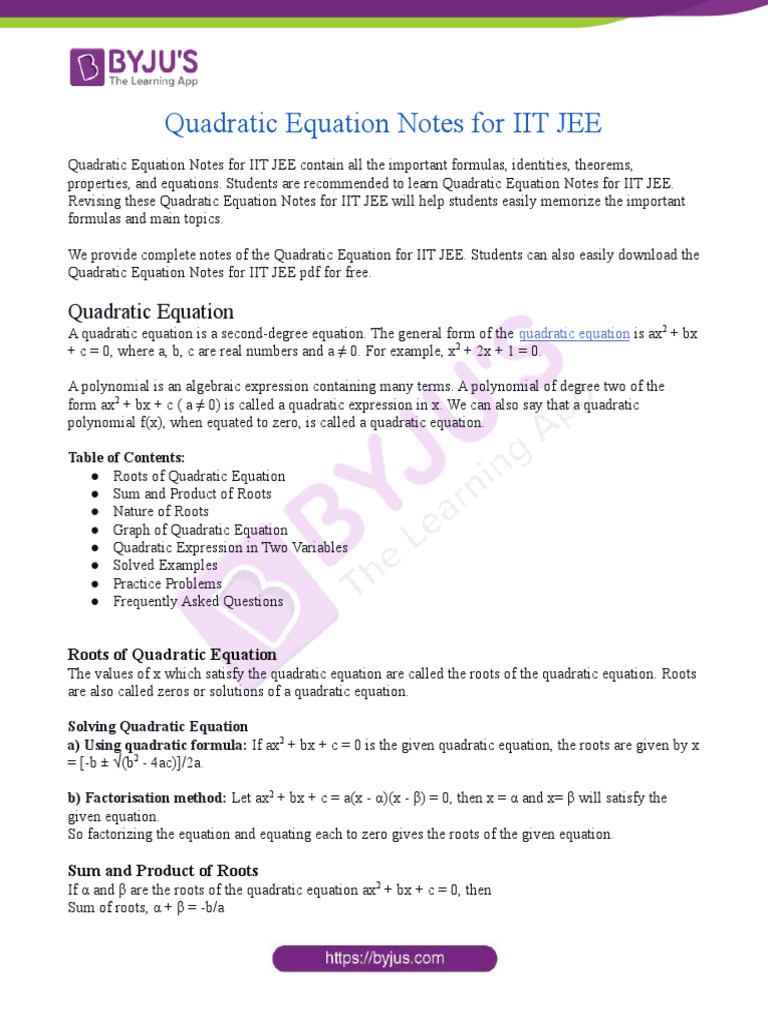 Quadratic Equation Notes For IIT JEE | PDF
