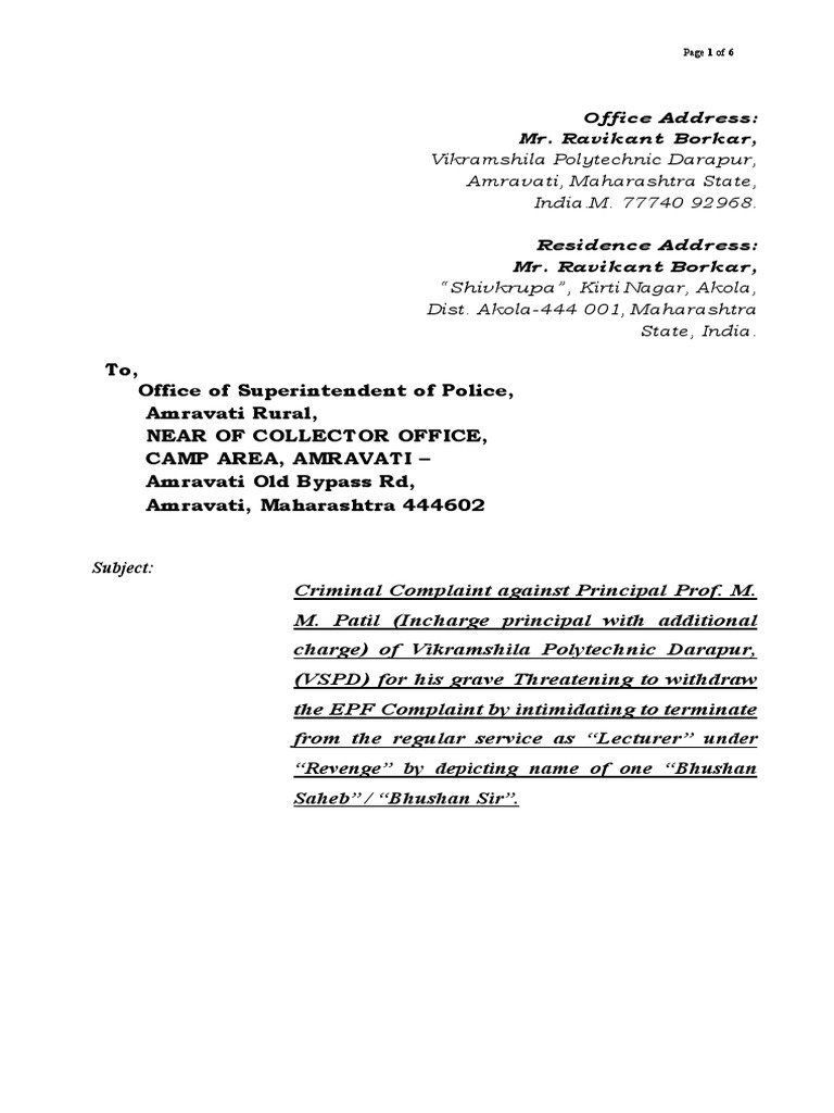 Complaint Against Principal's Threats | PDF | Justice | Crime & Violence