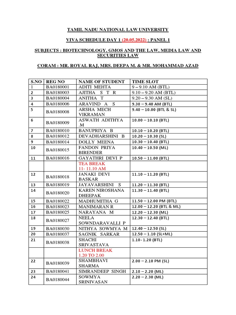 Viva Schedule (20.05.2022) | PDF
