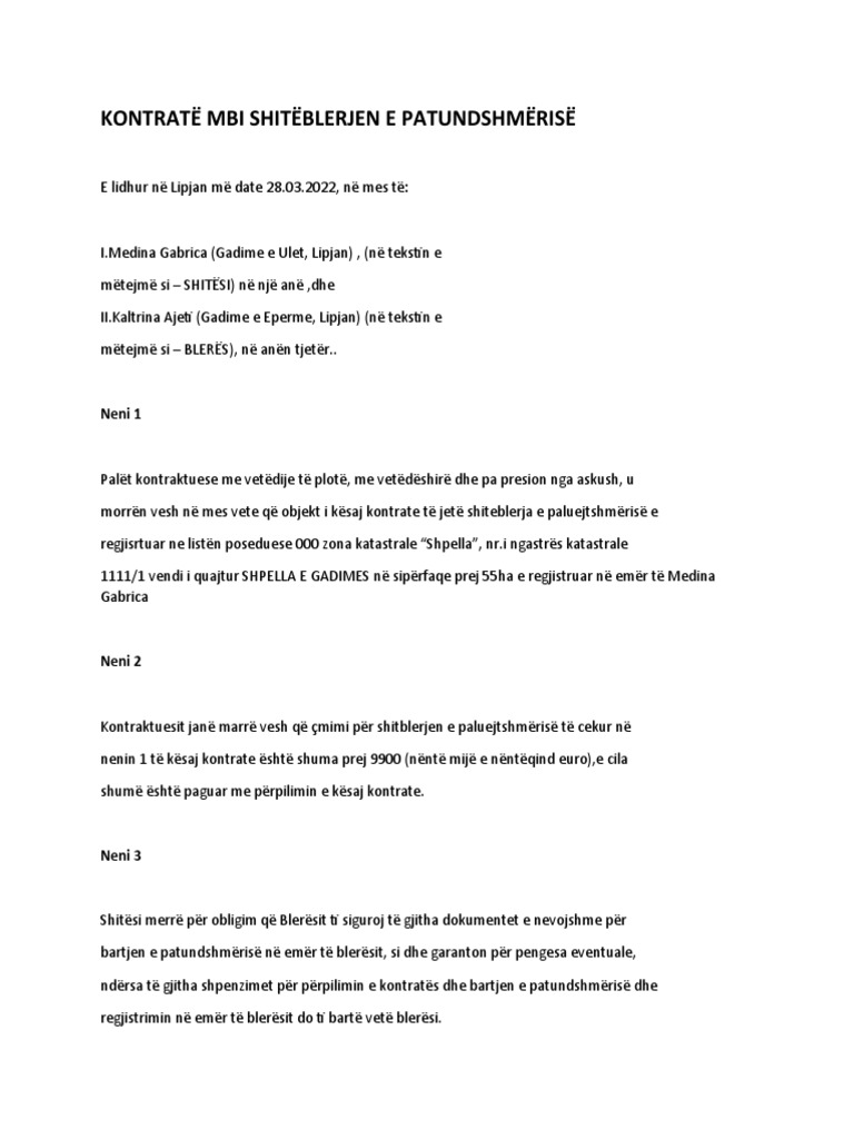 KONTRATË MBI SHITËBLERJEN E PATUNDSHMËRISË | PDF