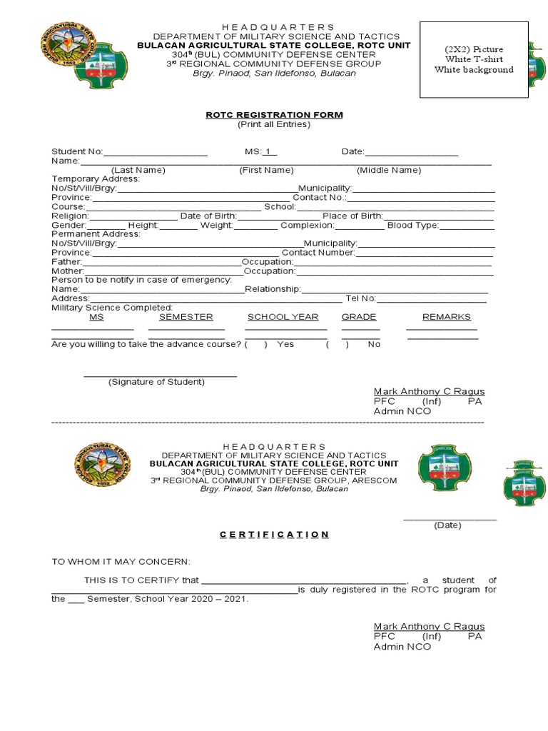 BASC ROTC Registration Form 2 | PDF