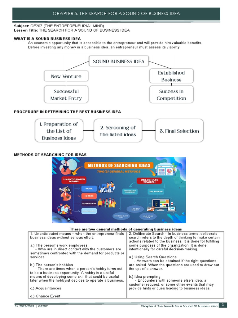 Chapter 5. The Search For A Sound of Business Idea | PDF | Feasibility ...