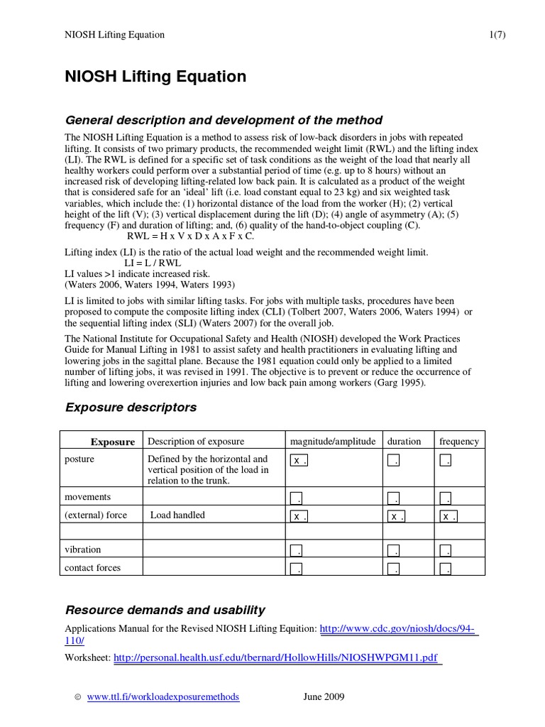 Niosh Lifting Equqtion | PDF