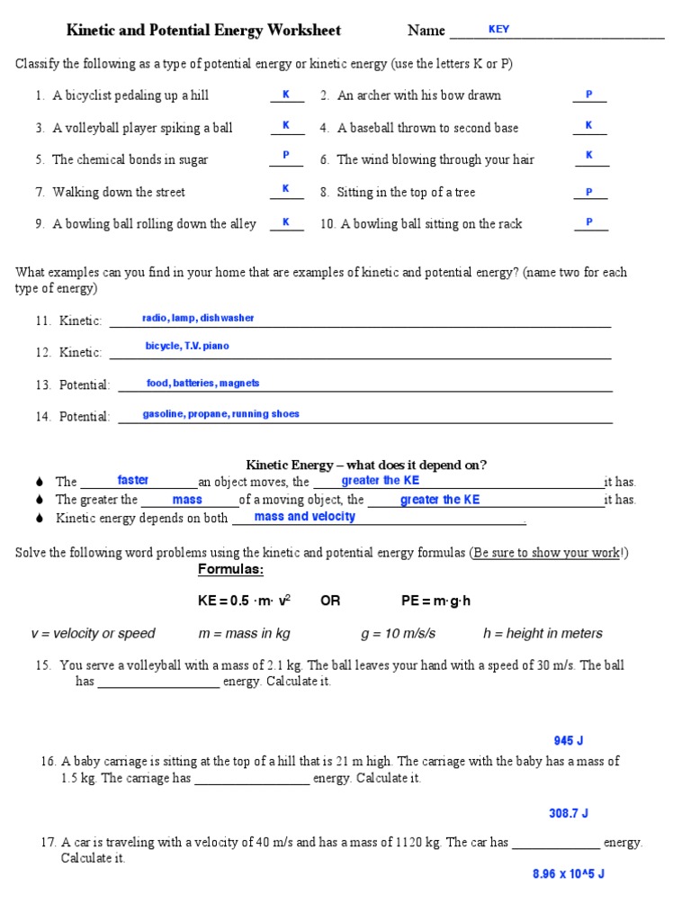 Kinetic and Potential Energy Worksheet | PDF | Potential Energy ...