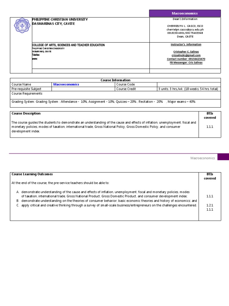 Macroeconomics Syllabus - Pcu | PDF | Supply And Demand | Labour Economics Macroeconomics Syllabus - Pcu | PDF | Supply And Demand | Labour Economics