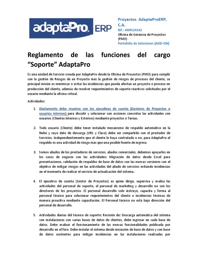 Reglamento de Soporte AdaptaPro | PDF | SQL | Ciencias de la Computación