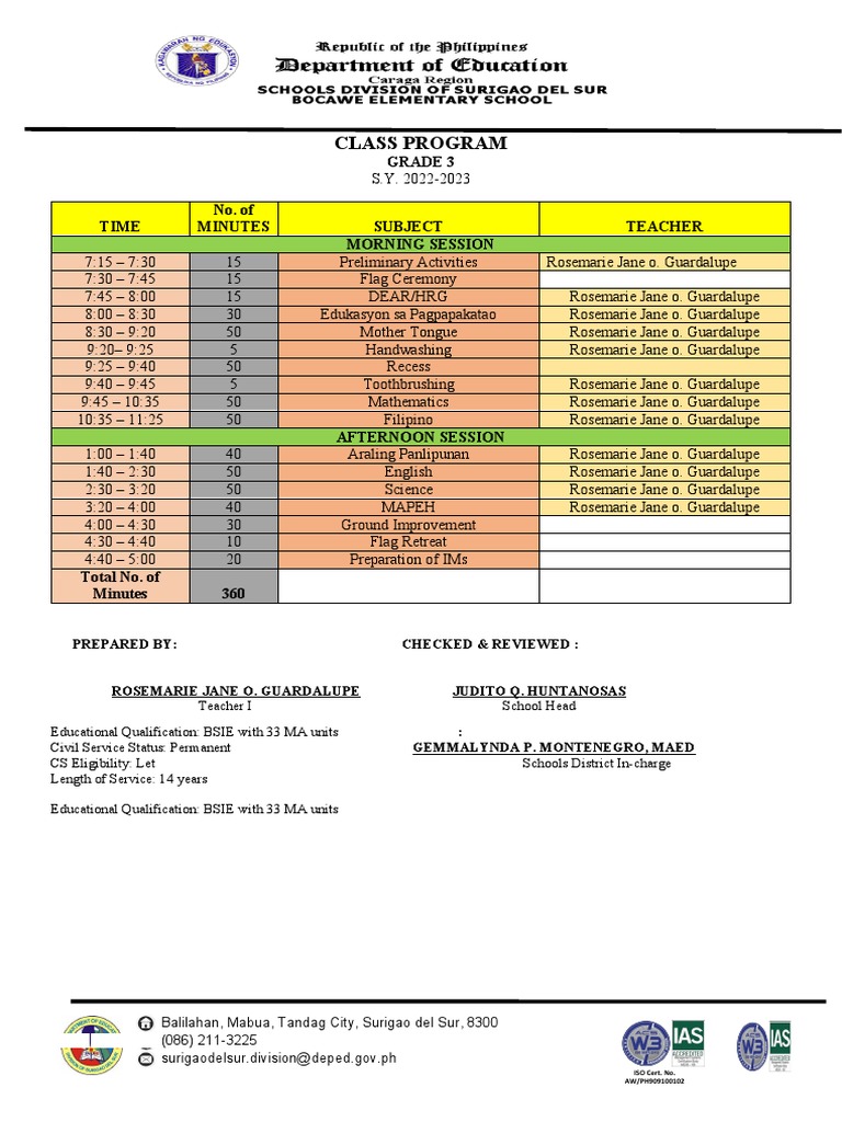 Class Program 2022-2023 Grade 3 | PDF