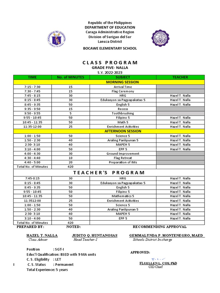 Class Program 2022 2023 Grade 5 | PDF | Educational Stages