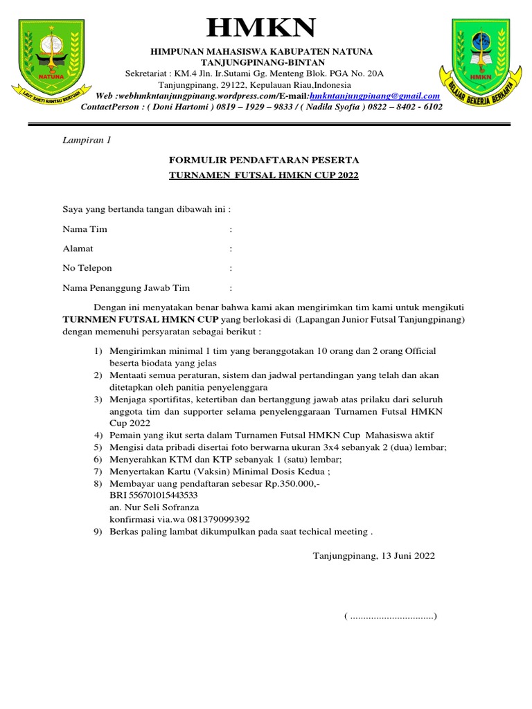 Formulir Pendaftaran Turnamen Futsal HMKN Cup | PDF
