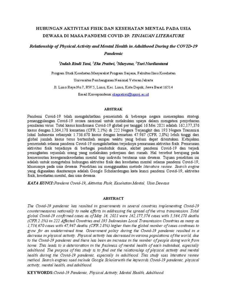 HUBUNGAN AKTIVITAS FISIK DAN KESEHATAN MENTAL PADA USIA DEWASA DI MASA PANDEMI COVID New | PDF