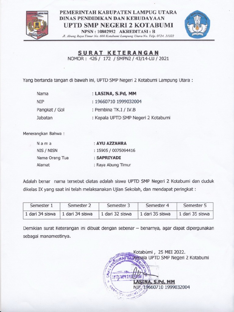 SURAT KETERANGAN PERINGKAt | PDF