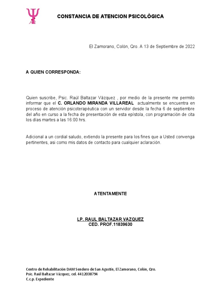 Constancia de Atencion Psicologica | PDF