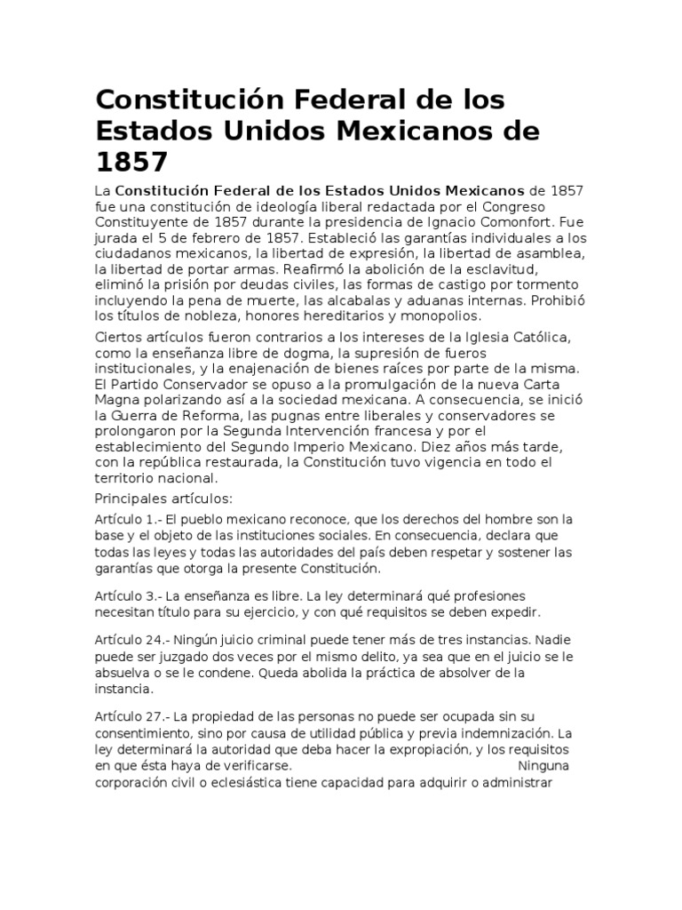 Constitución Federal de Los Estados Unidos Mexicanos de 1857 | PDF ...