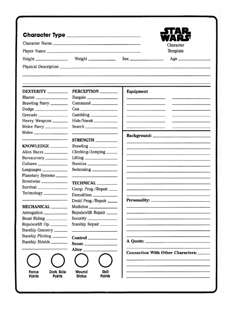 Star Wars Character Sheet (1st Edition) | PDF