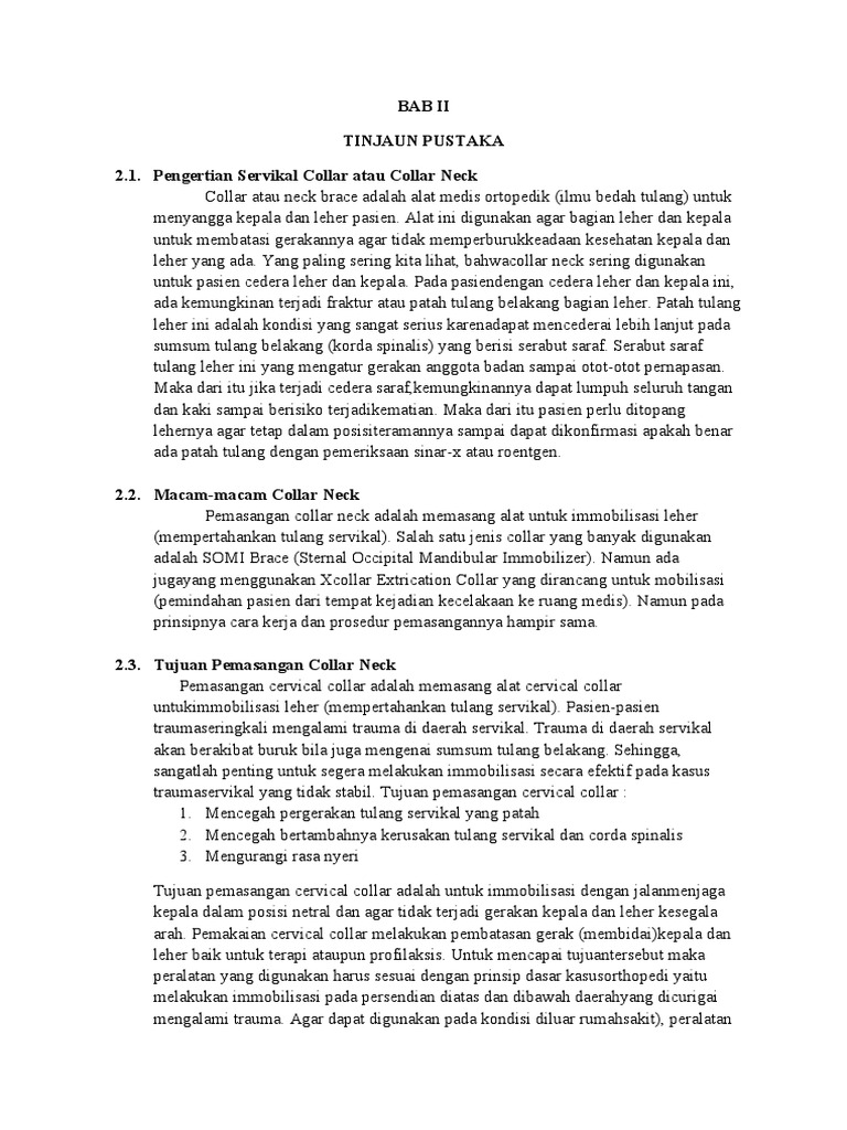 BAB II TINJAUAN PUSTAKA Pemasangan Servical Collar | PDF | Sains & Matematika