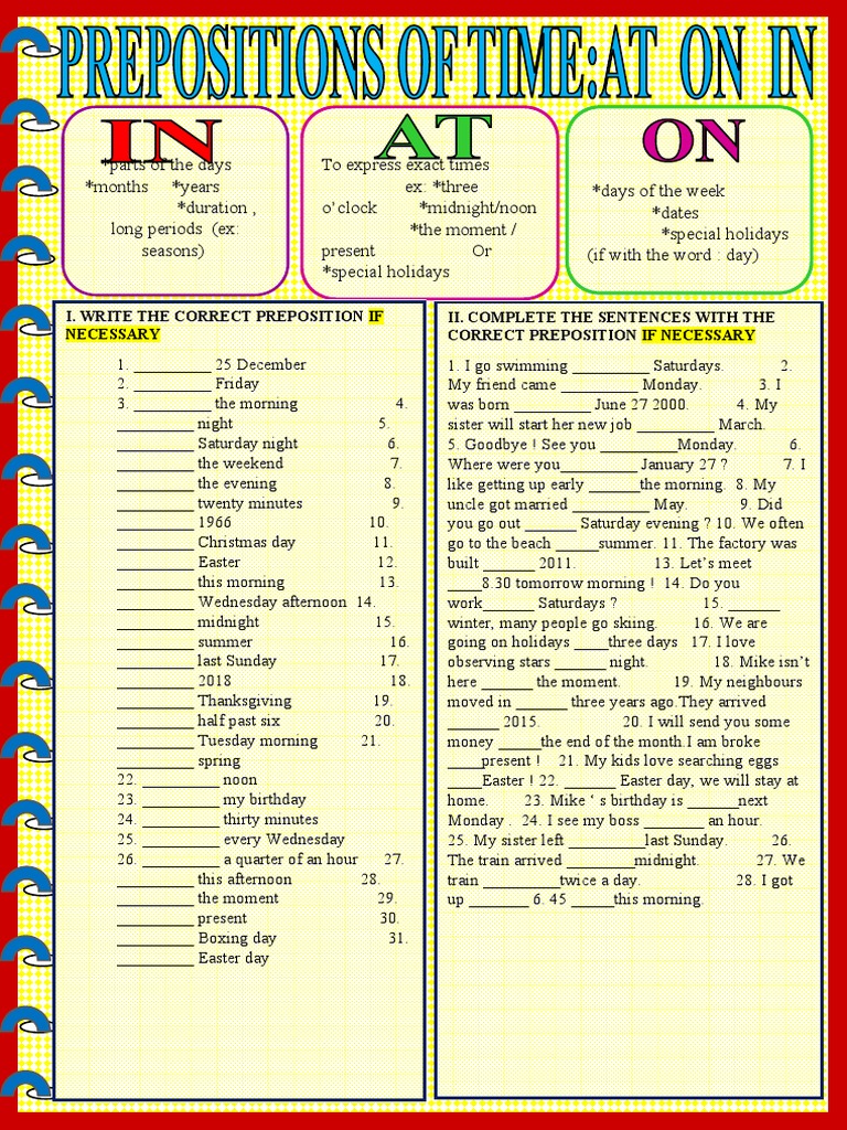 Time Prepositions at On in With Key Grammar Drills - 104282 | PDF ...