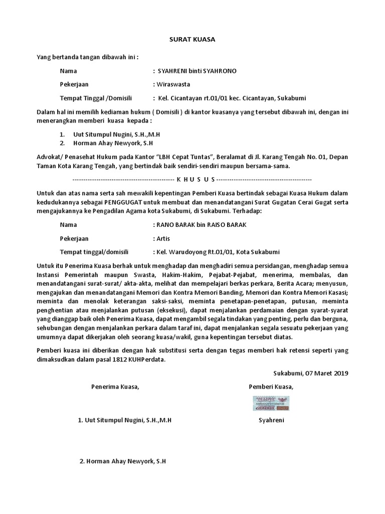 Surat Kuasa Dan Surat Gugatan | PDF Surat Kuasa Dan Surat Gugatan | PDF