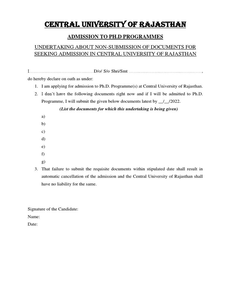 Undertaking For Non Submission of Documents | PDF