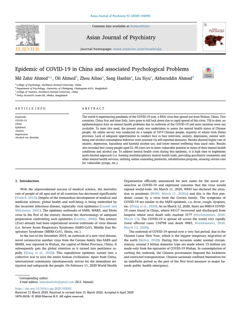 Ahmed Et Al 2020 Epidemic of COVID-19 | PDF | Mental Disorder ...