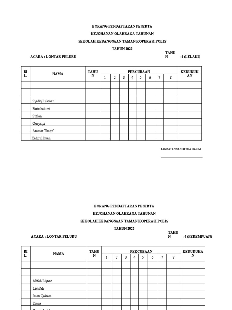 Borang Pendaftaran Peserta Lontar Peluru 2020 | PDF