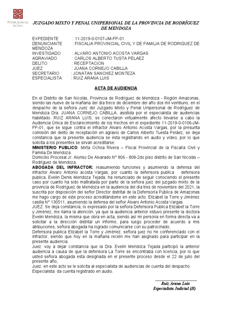 Exp 11-2019acta de Audiencia Reprogramacion | PDF | Justicia | Crimen y violencia