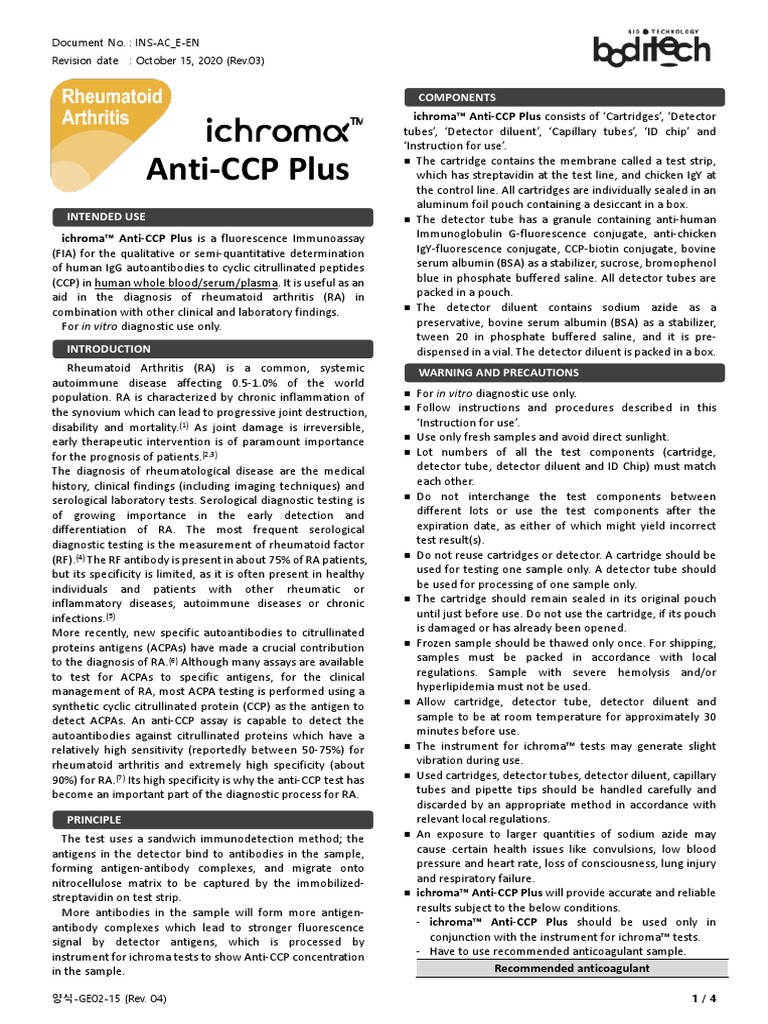 Ichroma Anti CCP Plus Rev.03 | PDF | Serology | Immunology