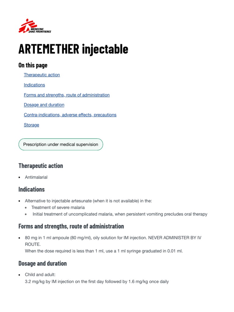 ARTEMETHER Injectable - MSF Medical Guidelines | PDF | Dose ...