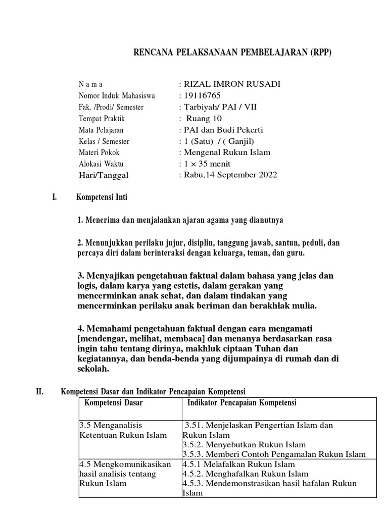 RPP Microteaching Rukun Islam | PDF