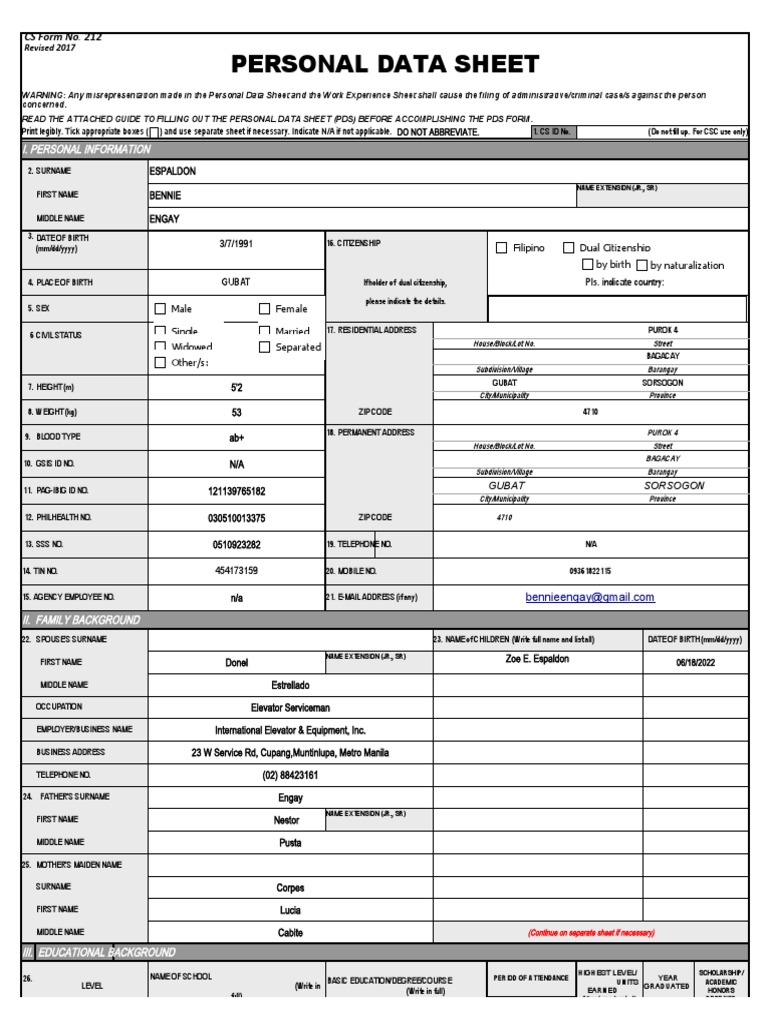 CS Form No. 212 Personal Data Sheet | PDF | Government