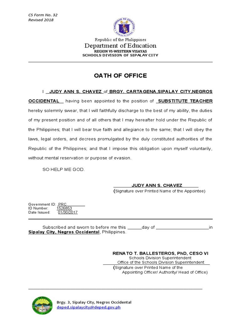 Substitute Teacher Oath of Office | PDF