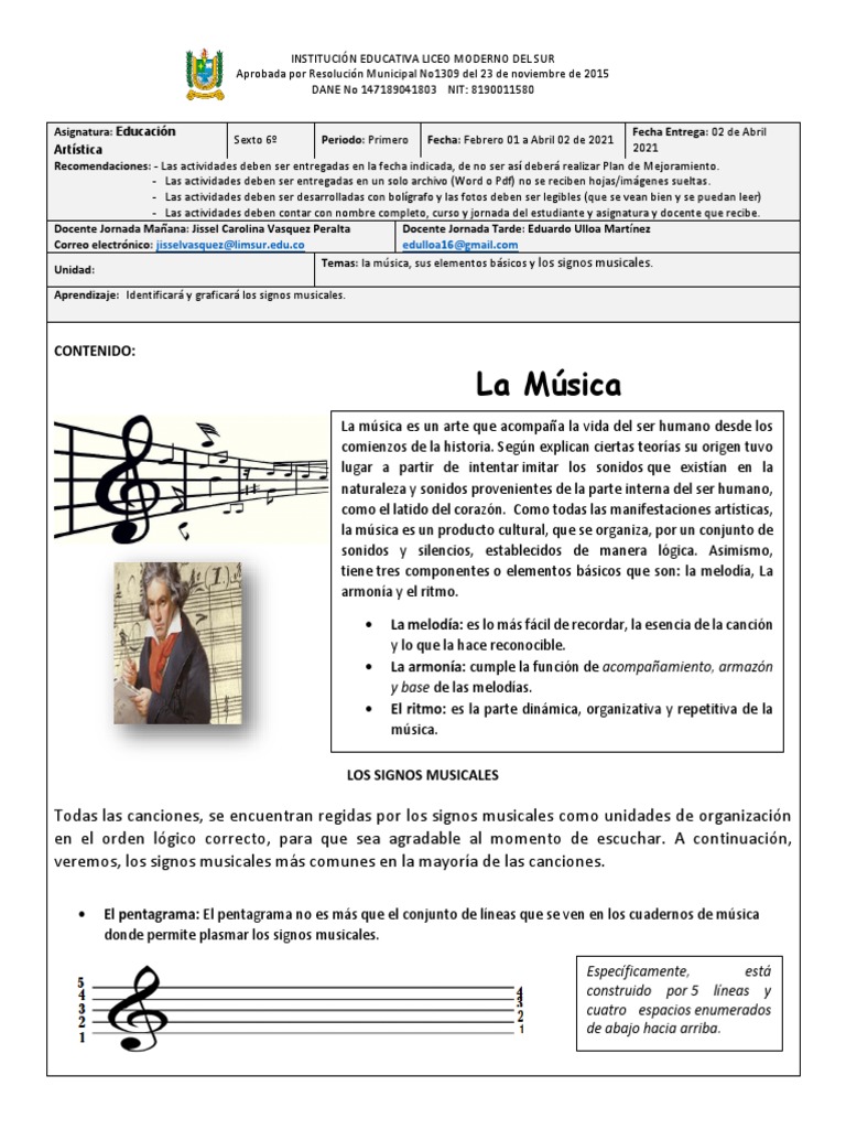 Guia 6° Educacion Artistica LIMSUR | PDF | Clave | Composiciones Musicales