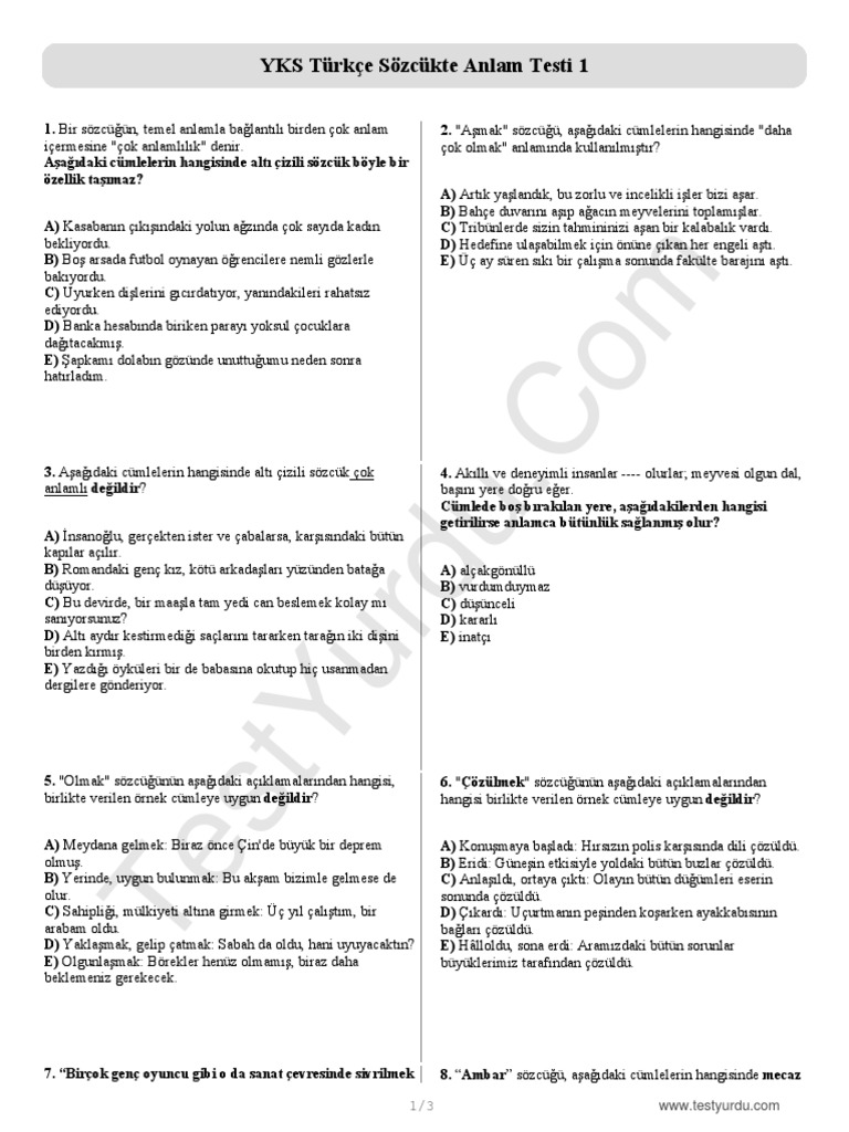 Yks Turkce Sozcukte Anlam Testi 1 | PDF