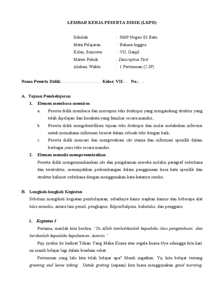 Lembar Kerja Peserta Didik (LKPD) - (Descriptive Text - 1 | PDF