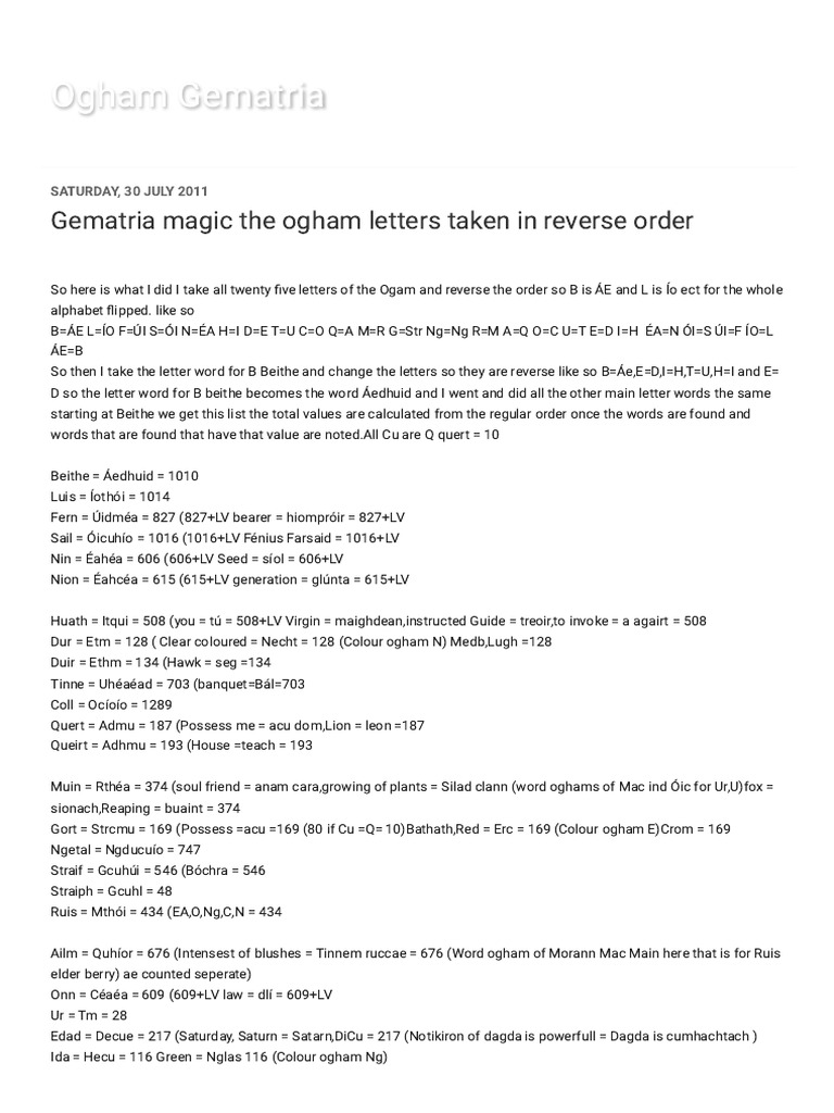 Ogham Gematria - Gematria Magic The Ogham Letters Taken in Reverse ...