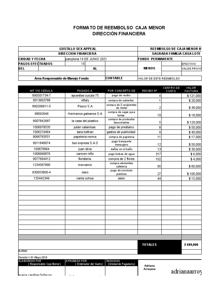 Formato Reembolso Caja Menor Nº 027 | PDF