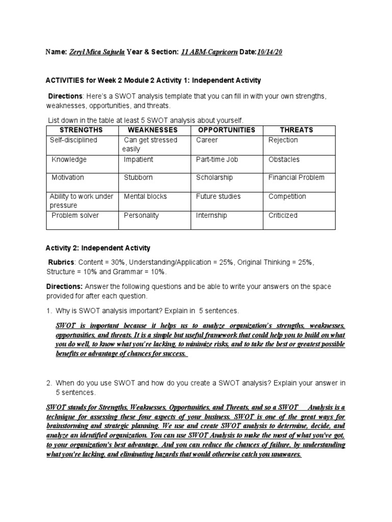 ACTIVITIES For Week 2 Module 2 OM (Classwork) | PDF | Swot Analysis | Corporations