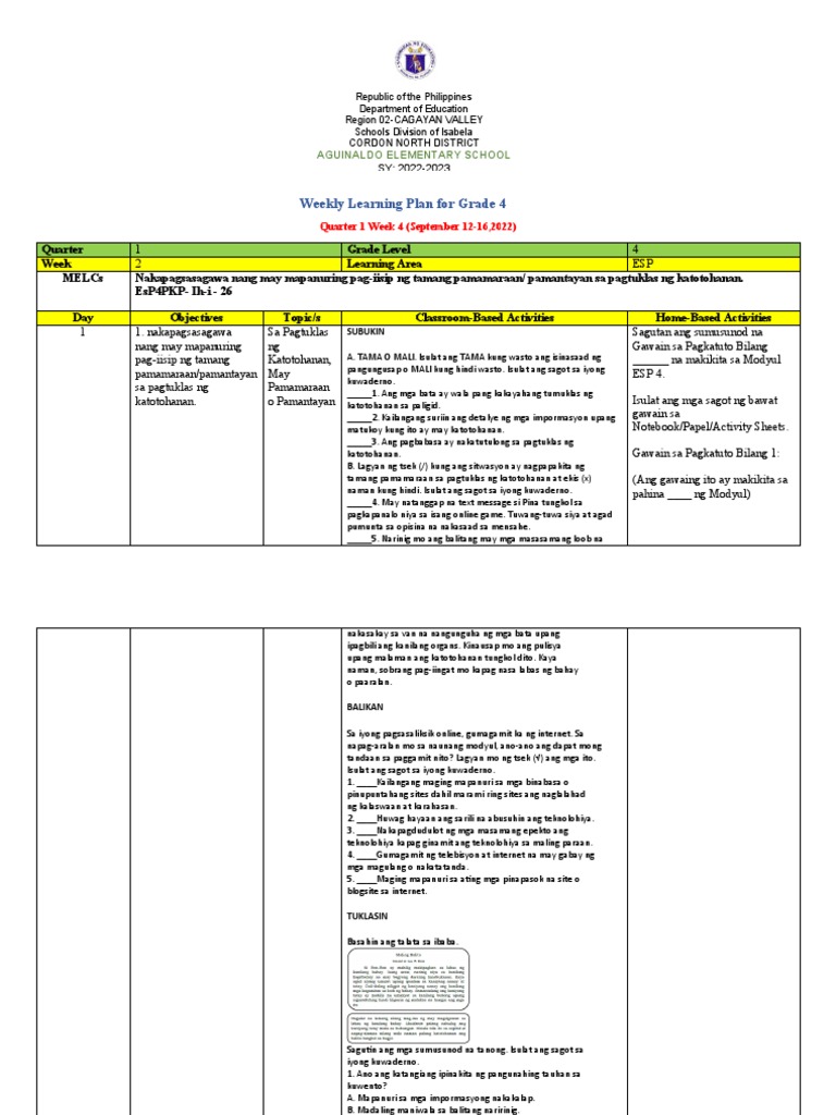 Weekly Learning Plan For Grade 4 Quarter 1 Week 4 | PDF