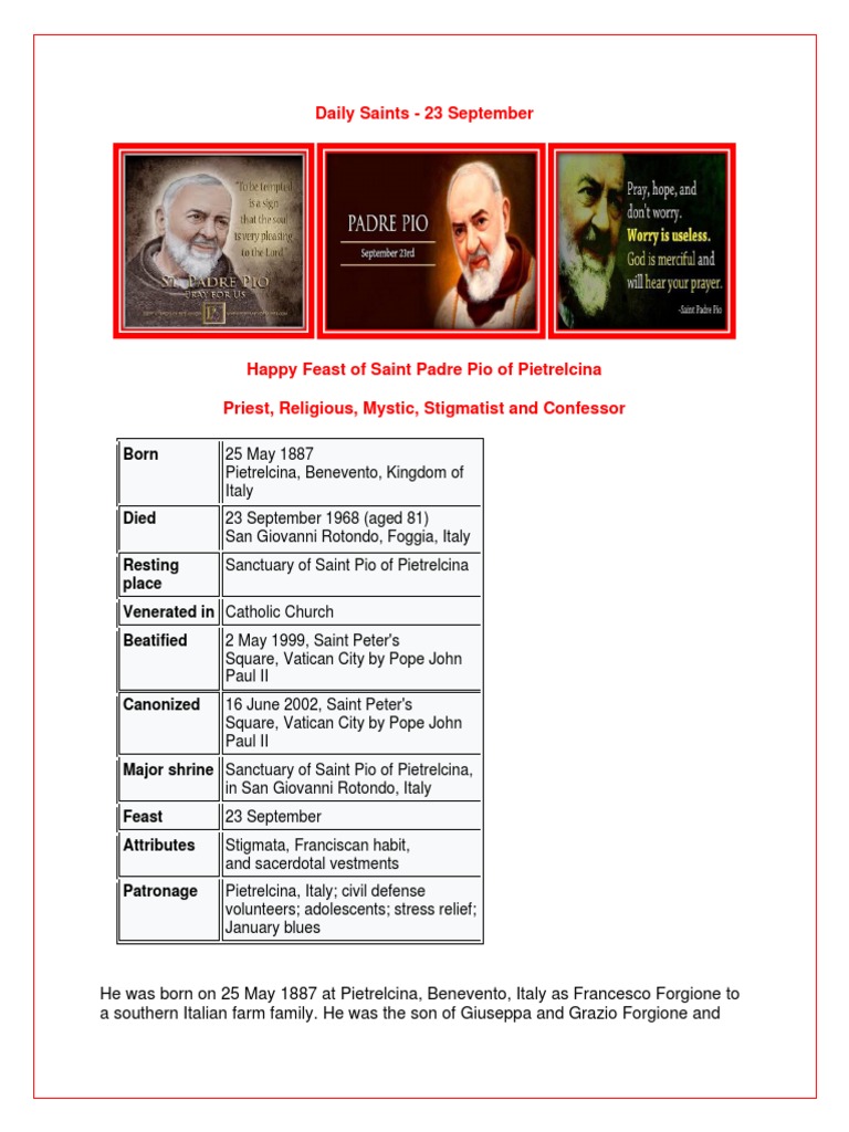 Daily Saints - 23 September - St. Padre Pio | PDF | Spiritual Gift ...