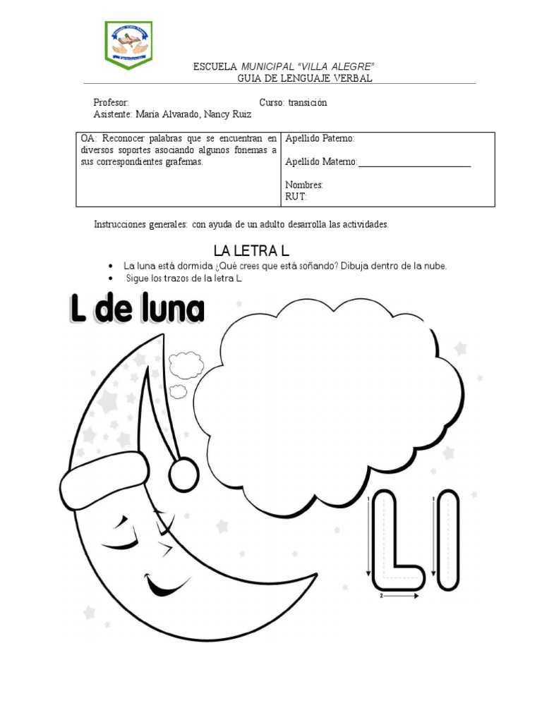 Guia Lenguaje Kinder Letra L | PDF