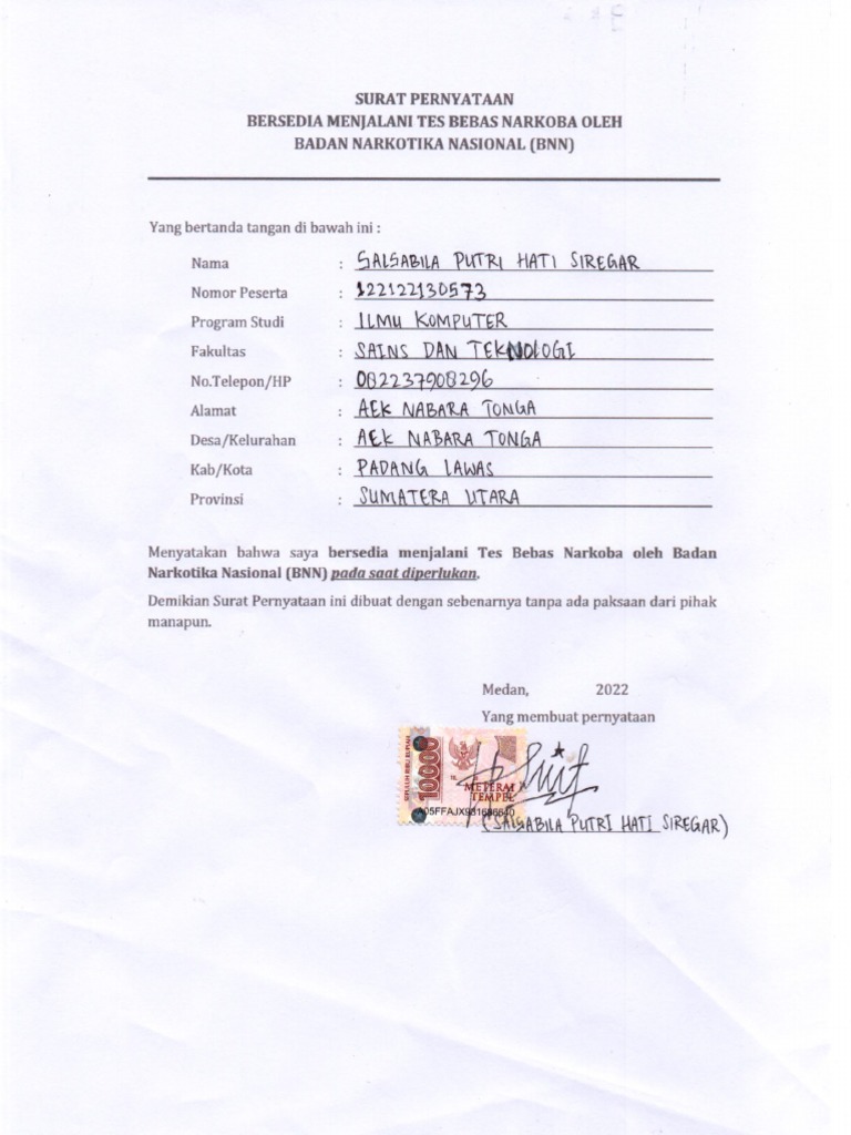 Surat Pernyataan BNN | PDF