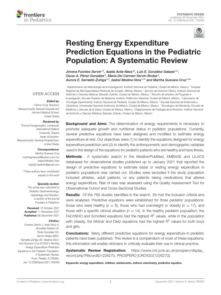 Resting Energy Expenditure Prediction Equations in The Pediatric ...