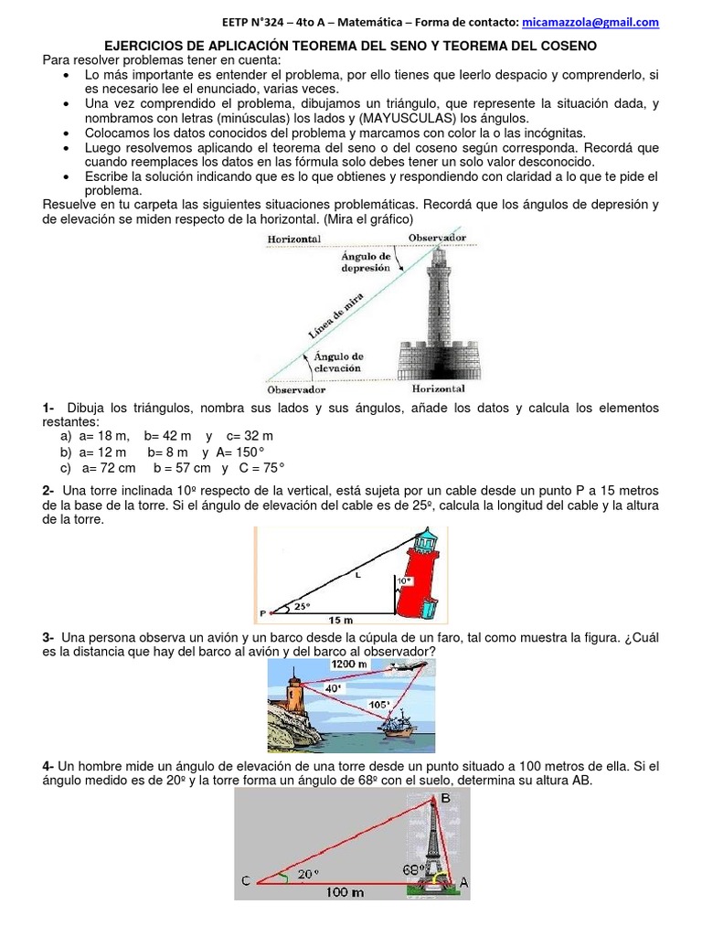 Ejercicios de Teoremas de Seno y Coseno | PDF | Triángulo | Funciones ...